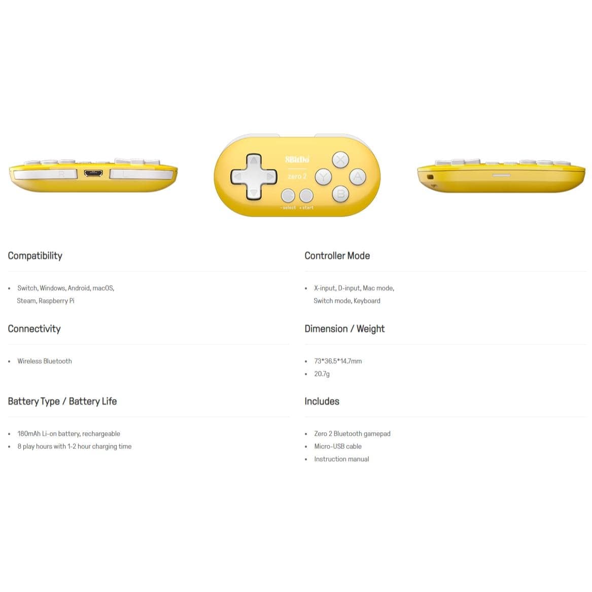 8BitDo Zero 2 Yellow - RetroDungeon